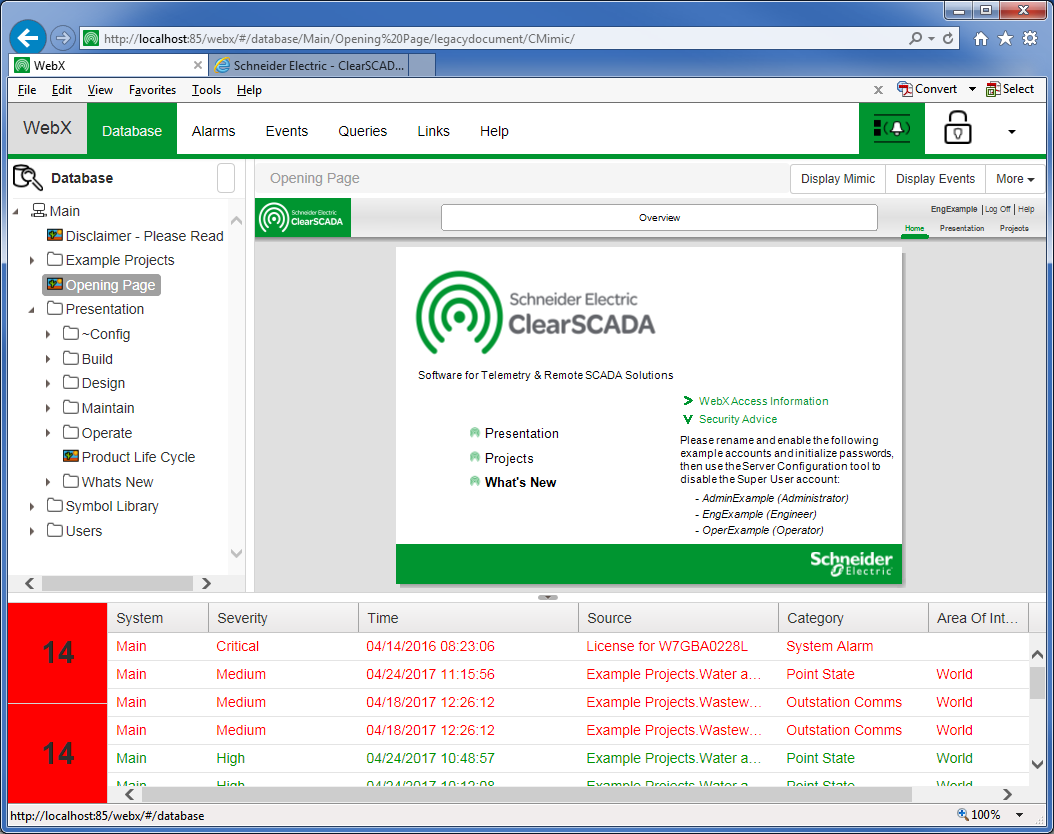 ClearSCADA Tutorial - The Navigation Bar and Window Layout (Using a WebX Client)